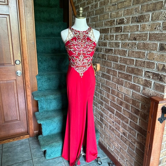 Rachel Allan | Dresses | Rachel Allan Bright Red Beaded Sequin Slit ...